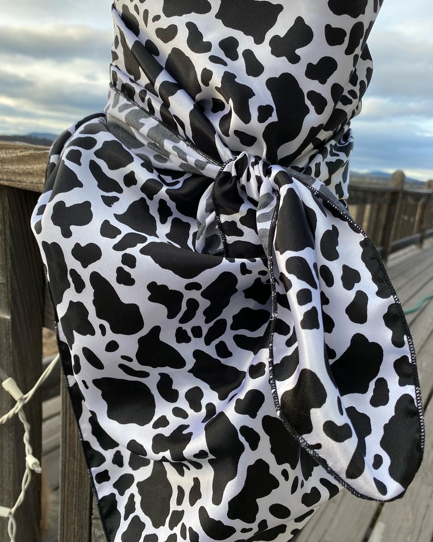 37x37" Charmeuse Black and White Cow Print Wild Rag - Tie One On Wild Rags